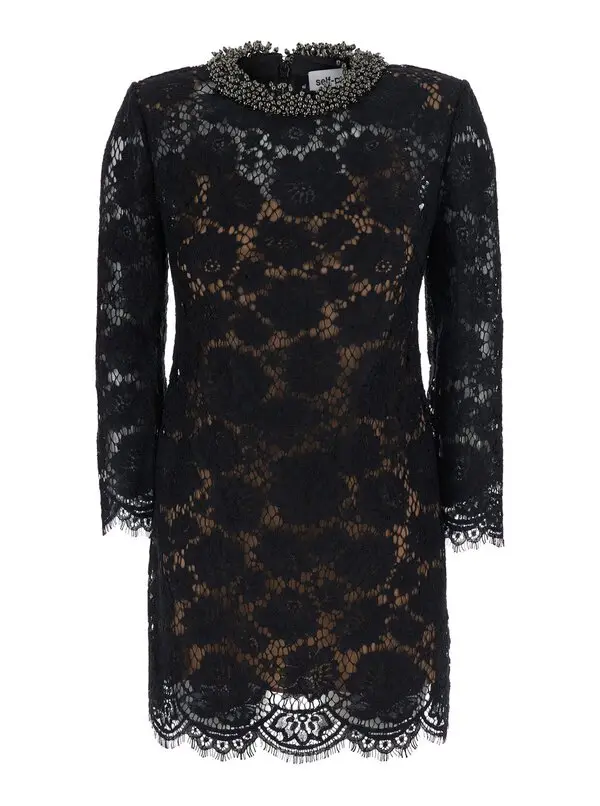 SELF-PORTRAIT Asymmetrical Mini Dress With Beaded Collar And All-over Lace Embroidery - Black