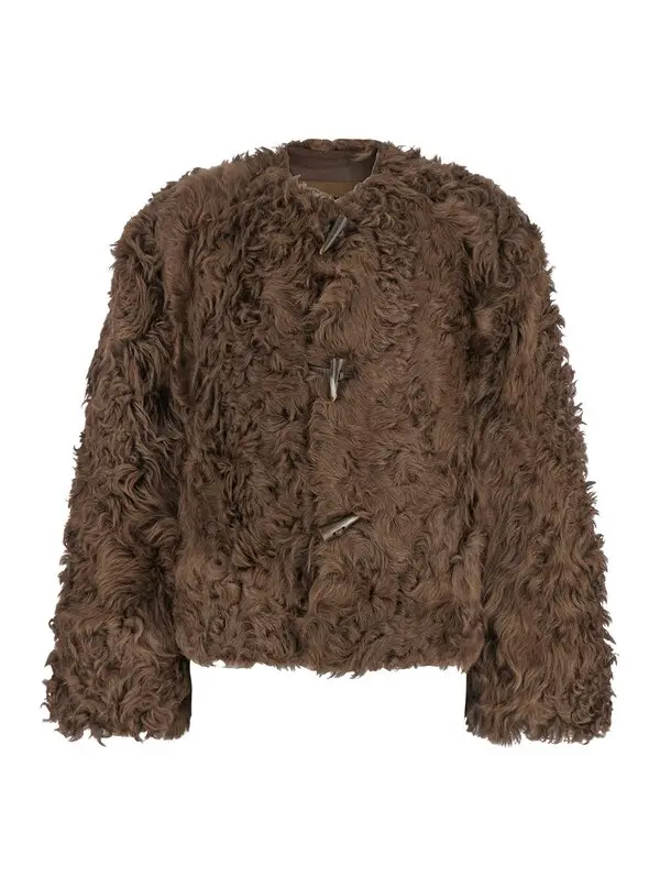 LEPLAIN Collarless Curly Shearling Fur Jacket With Front Toggle Closure For