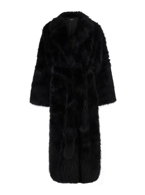LEPLAIN Long Notched-collar Eco-fur Longline Jacket With Adjustable Waist Belt