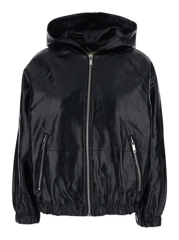 Michael Kors Hooded Zip-up Ecoleather Jacket With Elasticized Cuffs