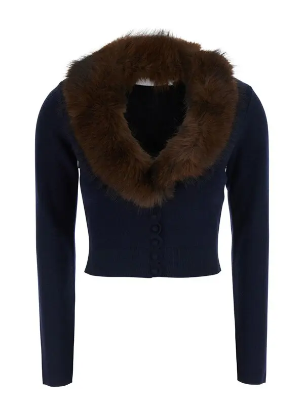 SELF-PORTRAIT Inspired Knit Cardigan With Tech Fabric, Synthetic Fur Trim & Patch Details
