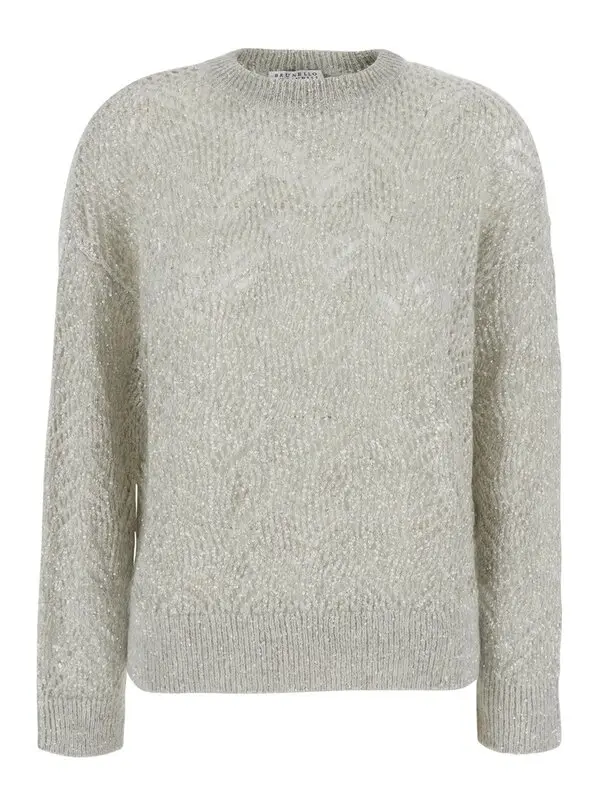 Brunello Cucinelli Sequin-embellished Crewneck Sweater In Wool Blend With Ribbed Trim - Grey