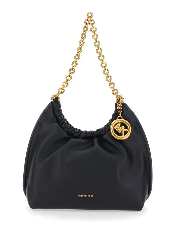 Michael Kors Indie Small Leather Shoulder Handbag With Chain Strap, Logo Plate And Drawstring Closure - Black