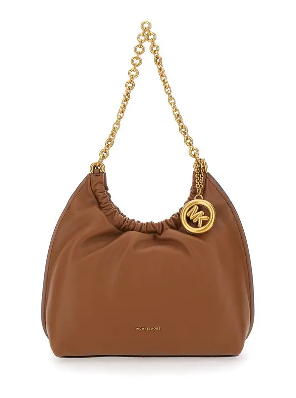 Michael Kors Indie Small Leather Shoulder Handbag With Chain Strap And Logo Plate, Drawstring Closure, 30.5 X 26.7 X 8.9 Cm - Brown