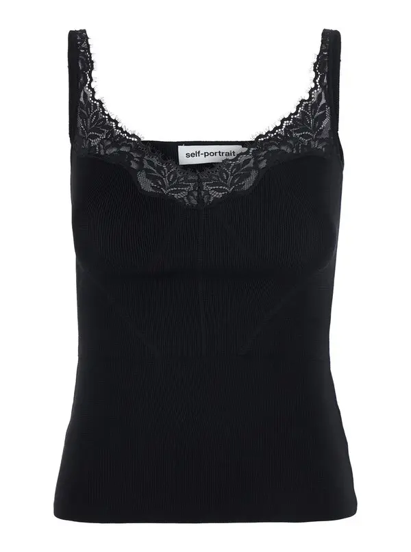 SELF-PORTRAIT Sleeveless V-neck Lace Embroidered Top With Ribbed Detail