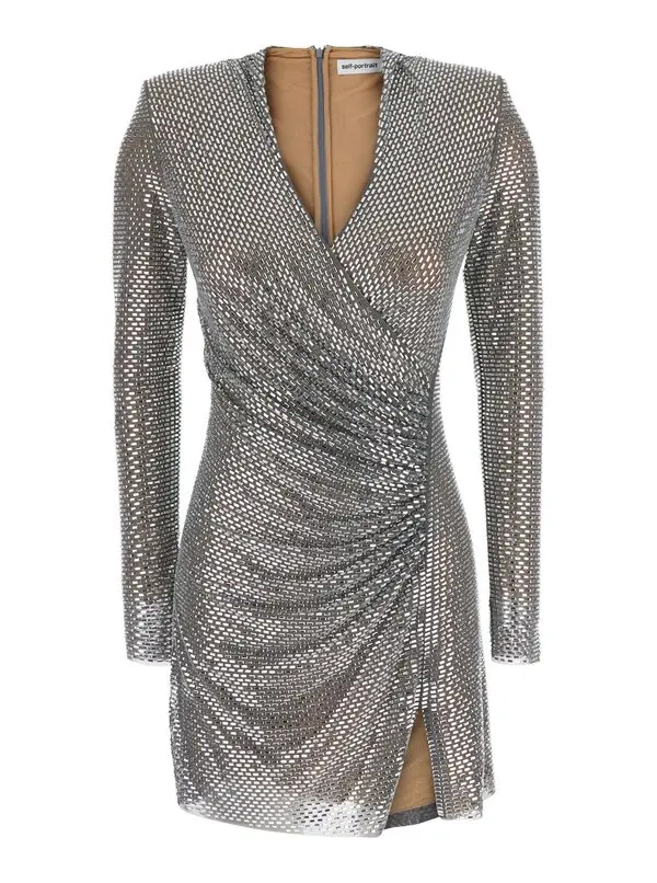 SELF-PORTRAIT V-neck Draped Tech Fabric Dress With Jewel Detailing