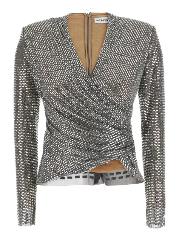SELF-PORTRAIT Inspired Draped Jewel-embellished V-neck Top With Long Sleeves