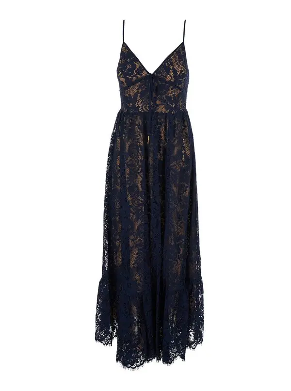 Michael Kors Long V-neck Lace Dress With Thin Straps In Cotton-blend