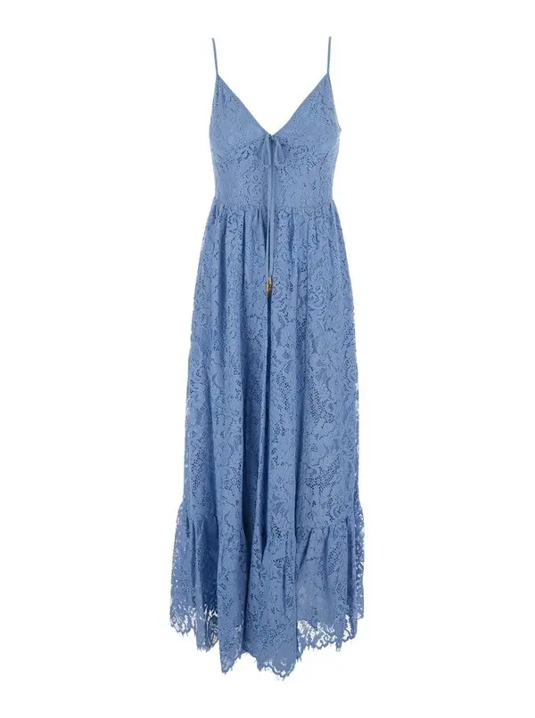 Michael Kors Lightweight Lace Bodice V-neck Long Dress With Wide Flowing Skirt - Light Blue