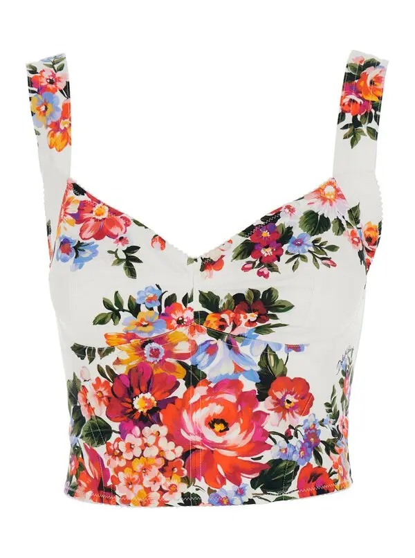 DOLCE E GABBANA Floral Print Cotton V-neck Bustier Top For