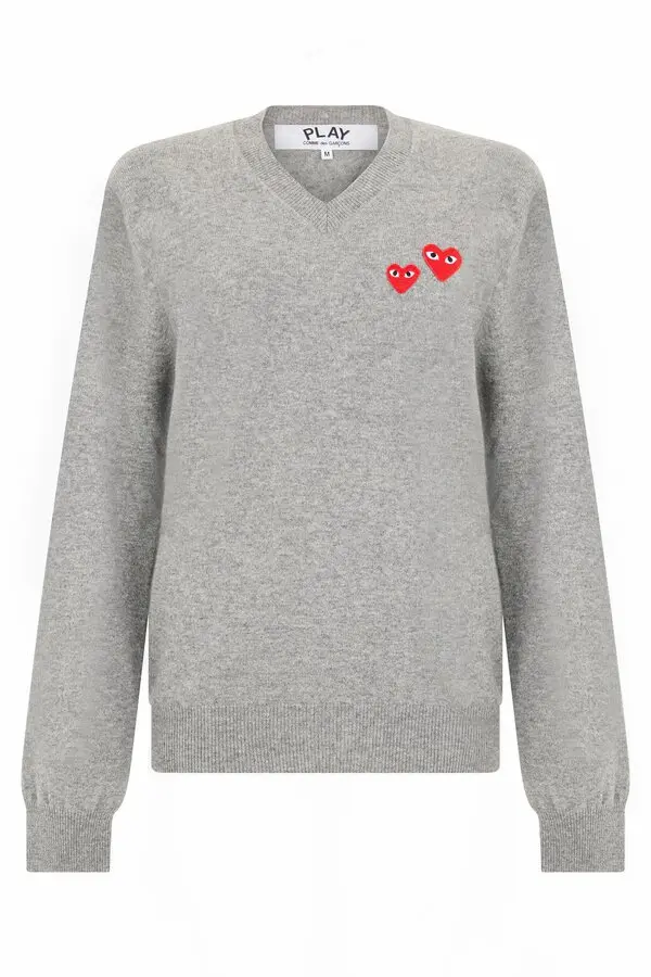 Play Comme Des Garcon Light Gray V-neck Sweater With Red Heart Logo