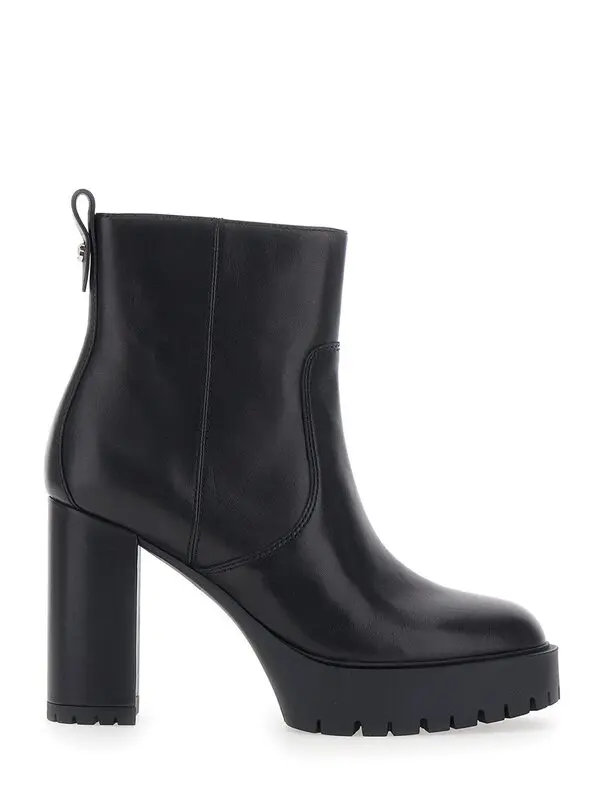 Pinko Clara Leather Ankle Boots With High Heel, Serrated Sole & Slip-on Zip Closure