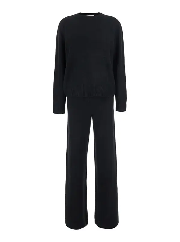 Soft Goat Cashmere Set For With V-neck Sweater And Elastic Waist Pants - Black