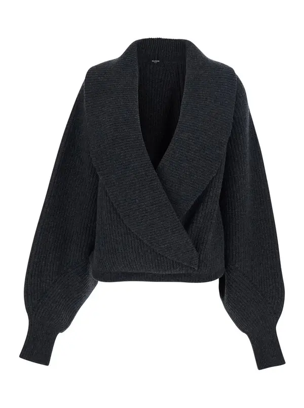 Balmain Wool Sweater With Wrap Effect, Wide Revers & Long Puff Sleeves