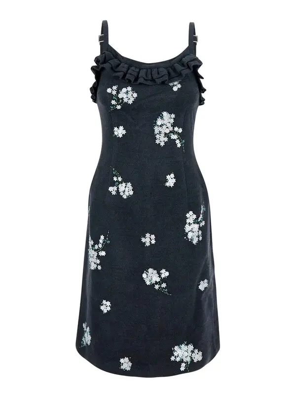 SHUSHU/TONG Lace Trim Wool Cami Dress With Shirt Collar And Spaghetti Straps - Grey