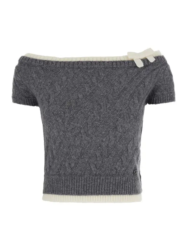 SHUSHU/TONG Bow Off-shoulder Merino Wool & Tencel Puff Sleeve Knit Crop Top - Grey