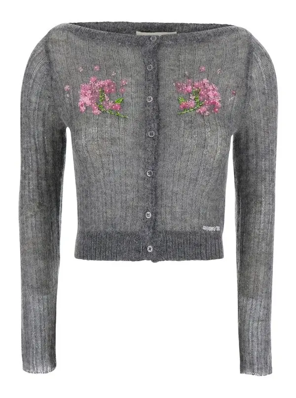 SHUSHU/TONG Shimmer Floral Bead V-neck Cardigan With Button Front