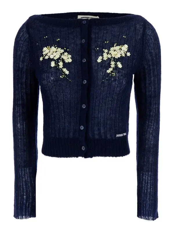 SHUSHU/TONG Floral Beaded V-neck Button Cardigan With Mohair & Wool Blend