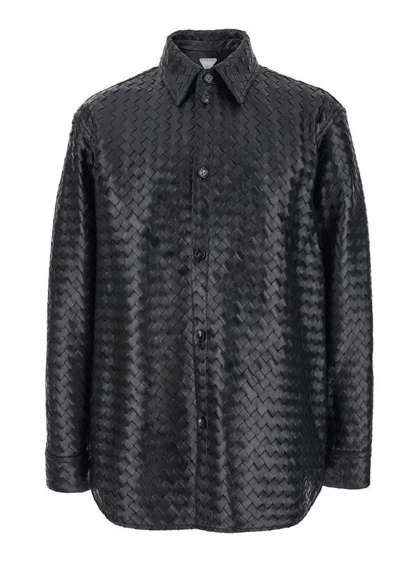 Bottega Veneta Oversized Woven Leather Jacket With Classic Wide Collar