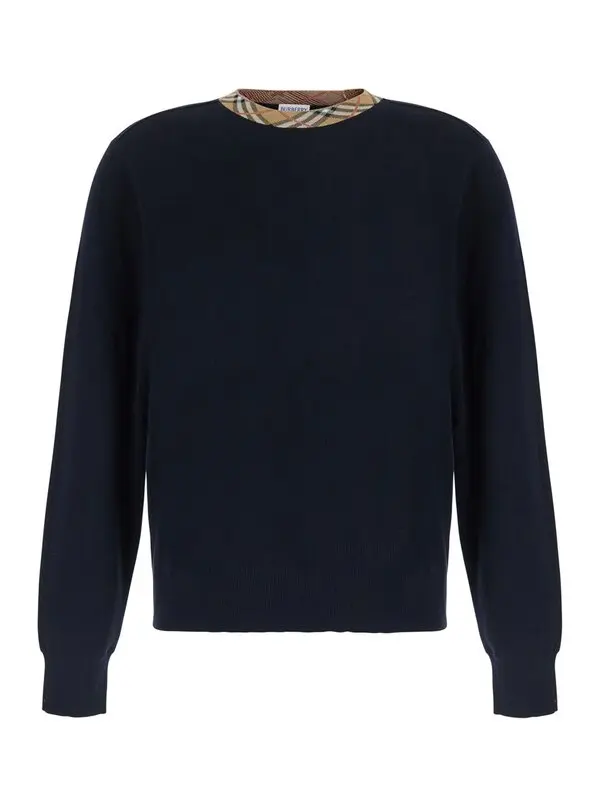 Burberry Wool Crew Neck Sweater With Check Motif At The Neck