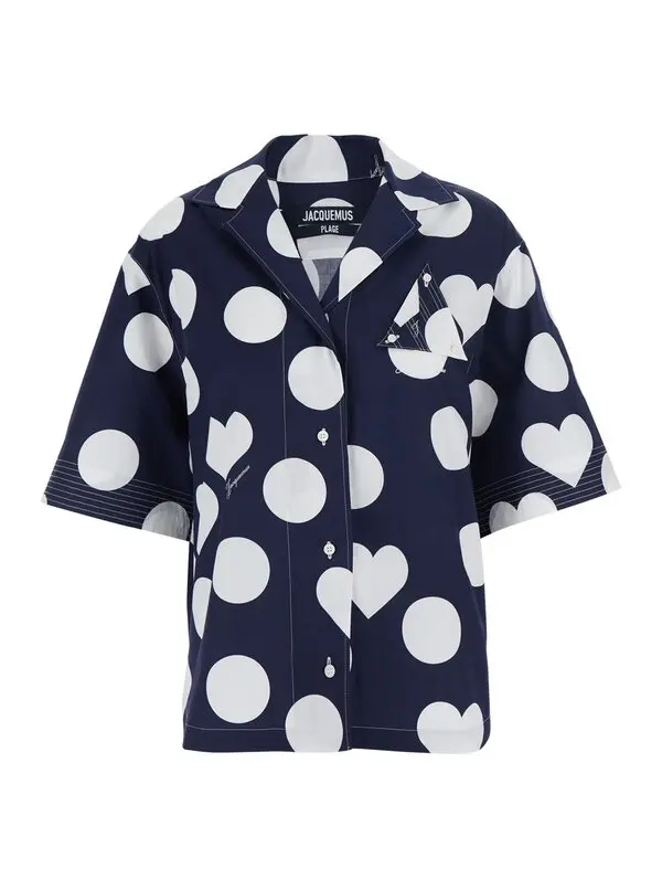 Jacquemus Jacquard Polka Dot Bowling Shirt With Cuban Collar And Sailboat Badge - Blu
