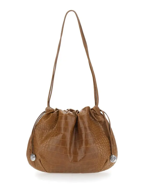 LIFFNER Calf Leather Clutch With Charm Detail And Drawstring Closure, Two Top Handles, 25x25x13 Cm - Brown