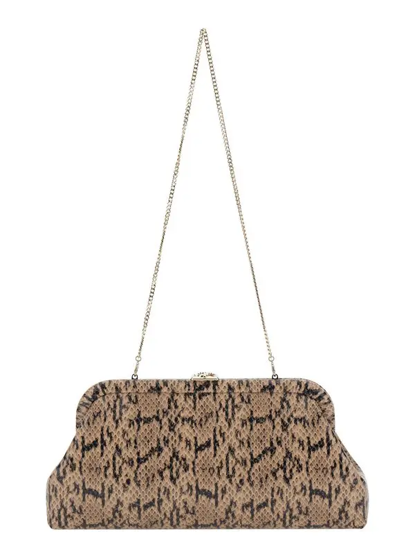 JIMMY CHOO Skylar Leather Snake Motif Clutch With Removable Chain Strap, Hook Closure, 28.5x13x6 Cm - Brown