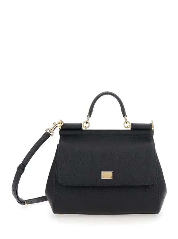 DOLCE E GABBANA Grained Leather Large Handbag With Logo Plate, Top Handle & Removable Shoulder Strap