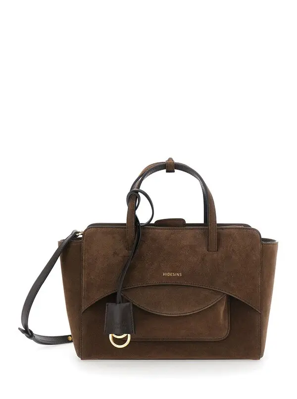 HIDESINS Suede Handbag With Adjustable Shoulder Strap, Front Pocket, Gold-tone Hardware, Keychain Charm And Magnetic Flap Closure - Brown