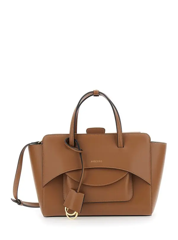 HIDESINS Leather Handbag With Adjustable Shoulder Strap, Front Pocket And Magnetic Flap Closure, Gold-tone Hardware - Brown
