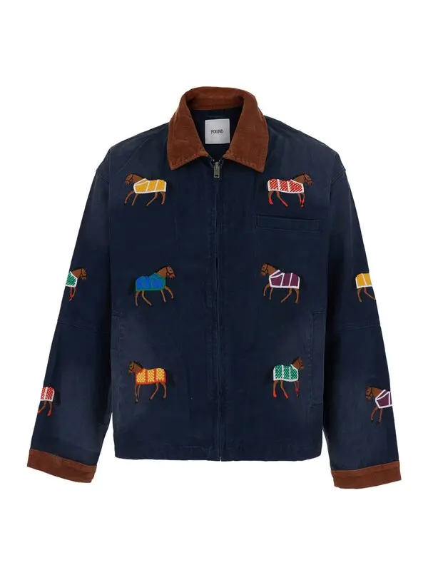FOUND Lariat Horse Embroidered Work Jacket With Classic Collar And Side Pockets