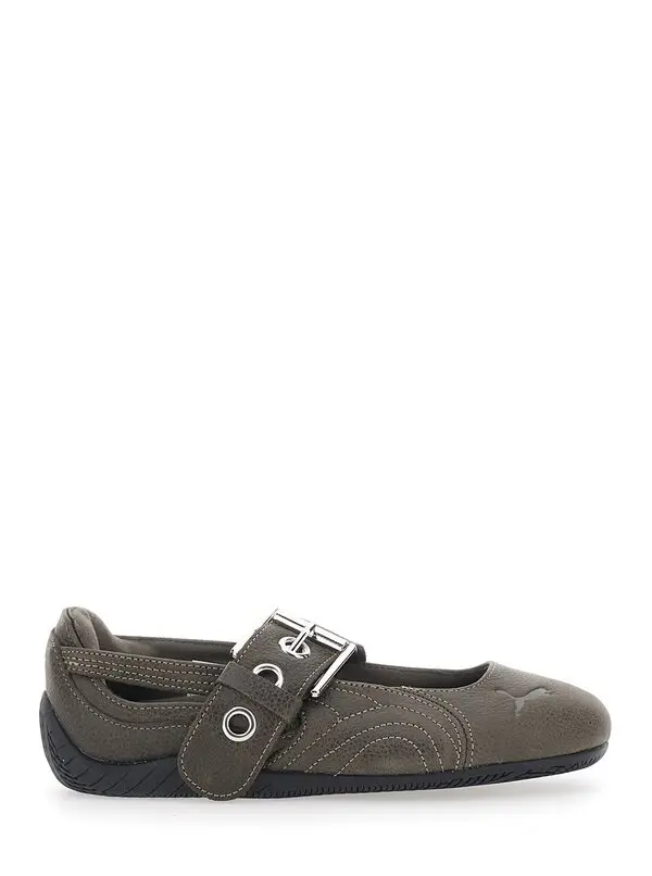 PUMA Speedcat Leather Ballet Flats With Adjustable Buckle Strap And Front Logo