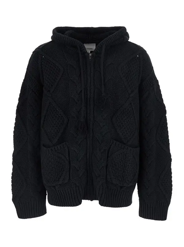 FOUND Embroidered Wool Hooded Cardigan With Zip Front And Dropped Shoulders