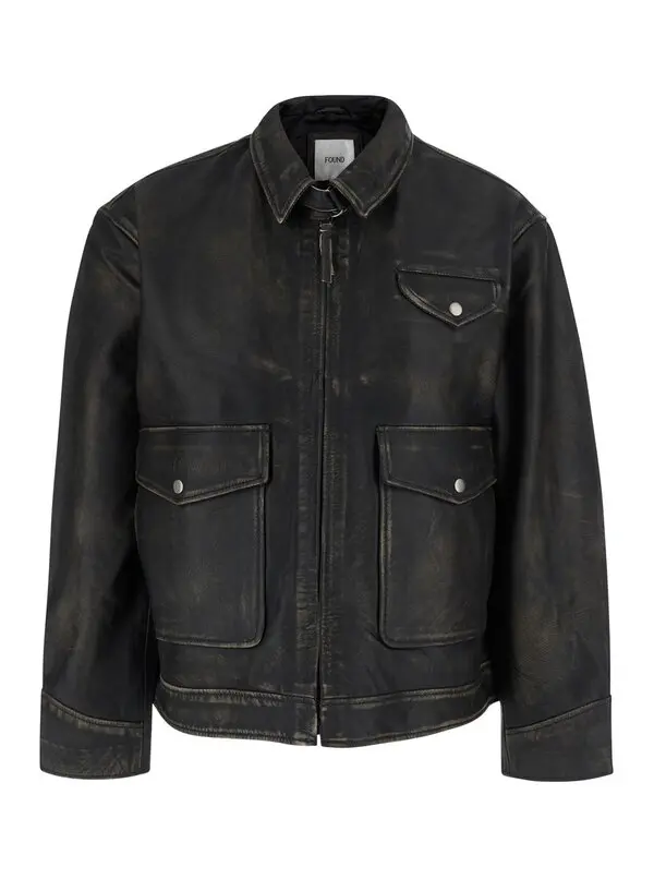 FOUND Foundry Leather Jacket With Classic Collar, Halfbelt & Zip Front