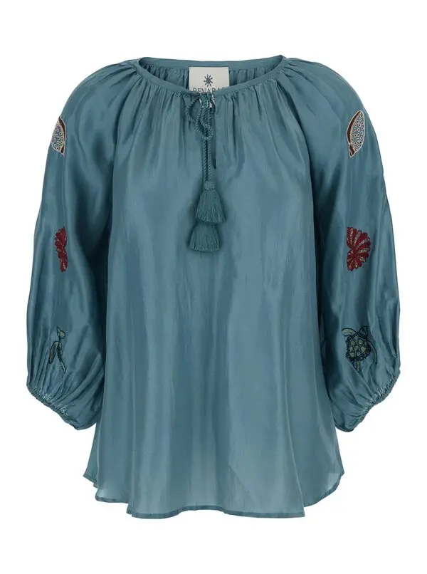 BENARAS BY CITRUS Short Silk Caftan With Adjustable Neck Knot And Marine Embroidery