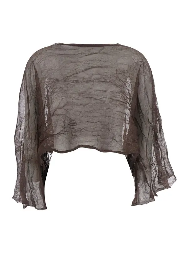 Antonelli Firenze Silk Blend Crumpled Boat Neck Crop Top With Long Puff Sleeves