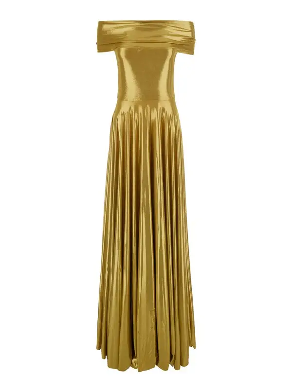 Norma Kamali Long Sleeveless Boat Neck Dress With Pleated Tech Fabric Skirt - Metallic