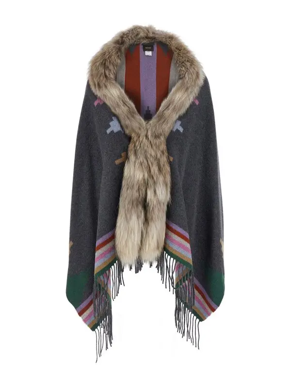 BAZAR DELUXE Navajo-print Wool Blend Scarf With Faux Fur Fringe - Grey