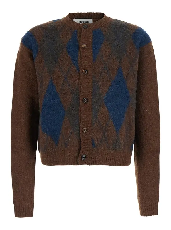 TONYWACK Brushed Argyle V-neck Cardigan With Long Sleeves