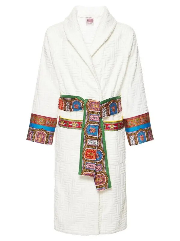 Etro Hooded Cotton Bathrobe With Monogram And Belt Closure - White