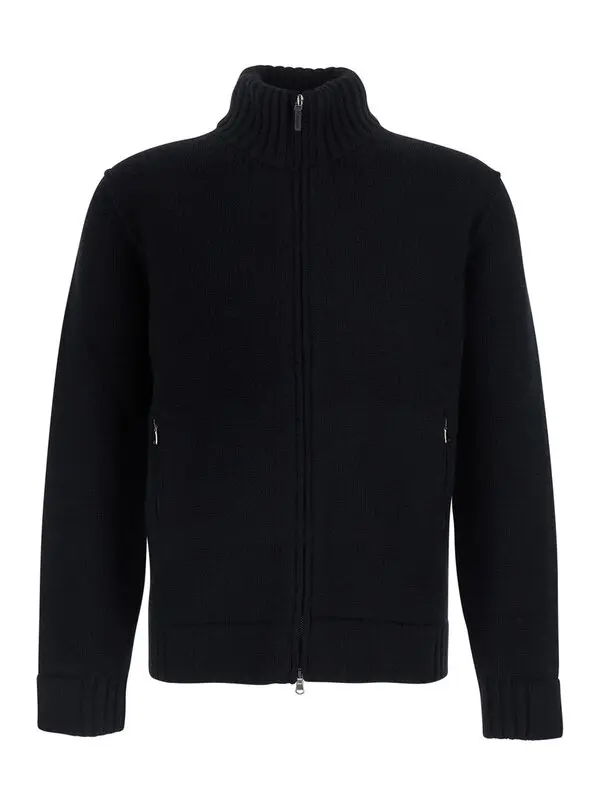 KANGRA Merino Wool High-collar Zip Cardigan With Side Zip Pockets - Black