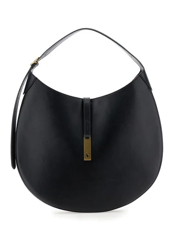 Polo Ralph Lauren Smooth Leather Shoulder Handbag With Logo Detail, Adjustable Top Handle, Antique Gold Hardware 42.5 X 40 X 4.4 Cm - Black