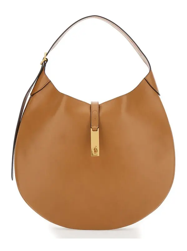 Polo Ralph Lauren Shoulder Handbag With Logo Detail & Antique Gold Hardware, Smooth Leather, 42.5 X 40 X 4.4 Cm - Brown