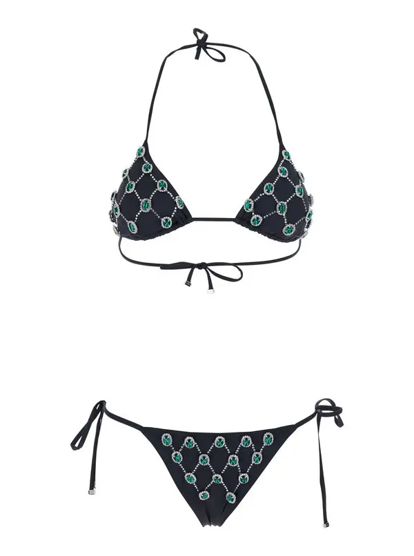 VENUJA Gem-embroidered Triangle Bikini With Adjustable Drawstring Back And Brazilian Bottoms - Black