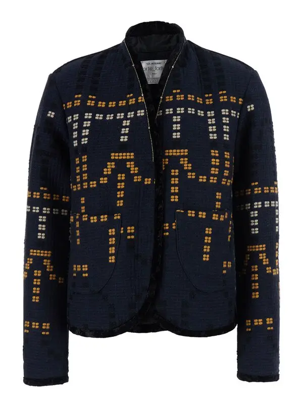 FORTE_FORTE Geometric Beaded Embroidered Cotton Jacket With V-neck And Welt Pockets - Black