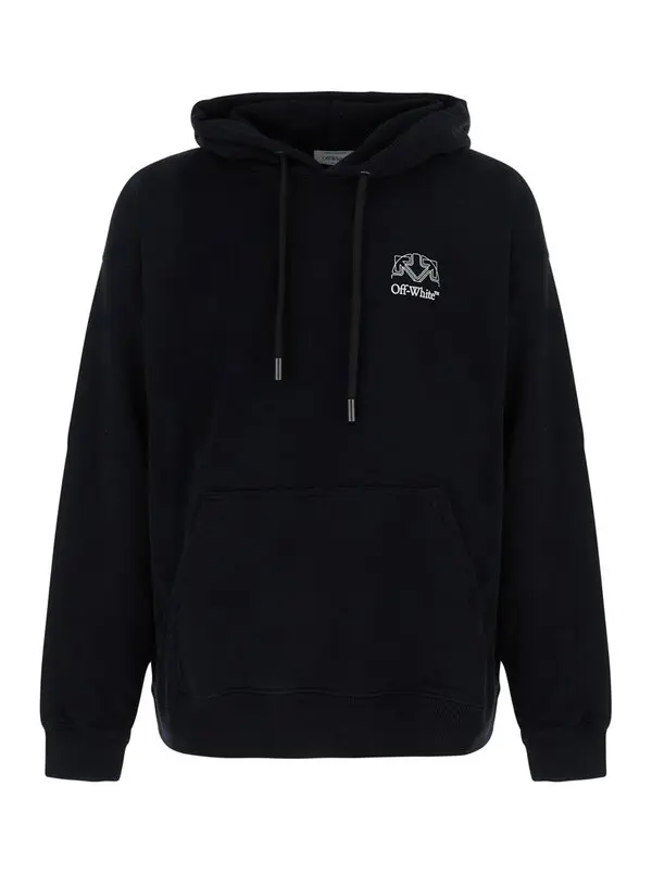 Off-White Logo Print Hoodie With Back Patch, Drawstring Hood And Long Sleeves - Black