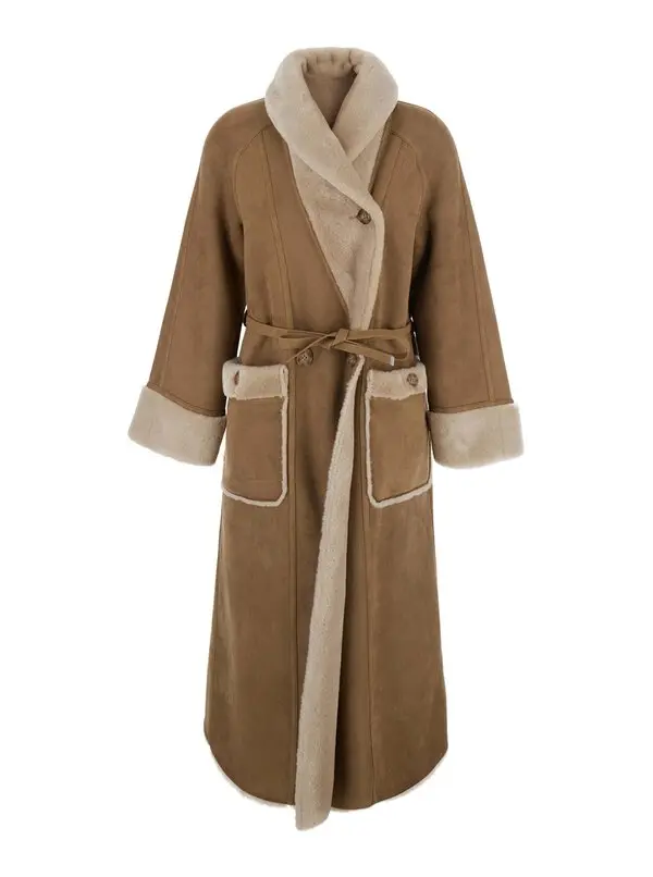 URBANCODE Reversible Eco-fur Long Jacket With Waist Belt And Lapel Collar
