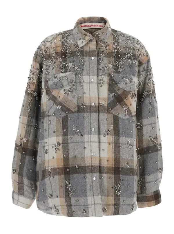 SPACE COWBOY Metallic Embroidered Rhinestone Flannel Shirt For - Grey