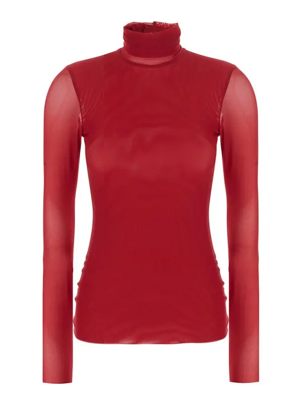 LEPLAIN High-neck Long Sleeve Top In Tech Fabric With Mesh Sleeves