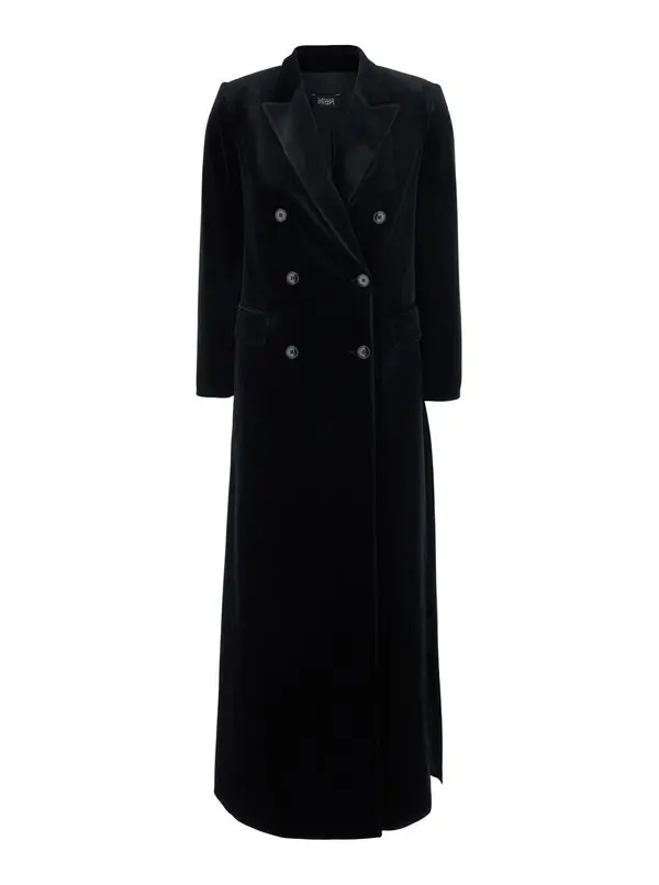 LEPLAIN Long Double-breasted Velvet Jacket With Peak Revers